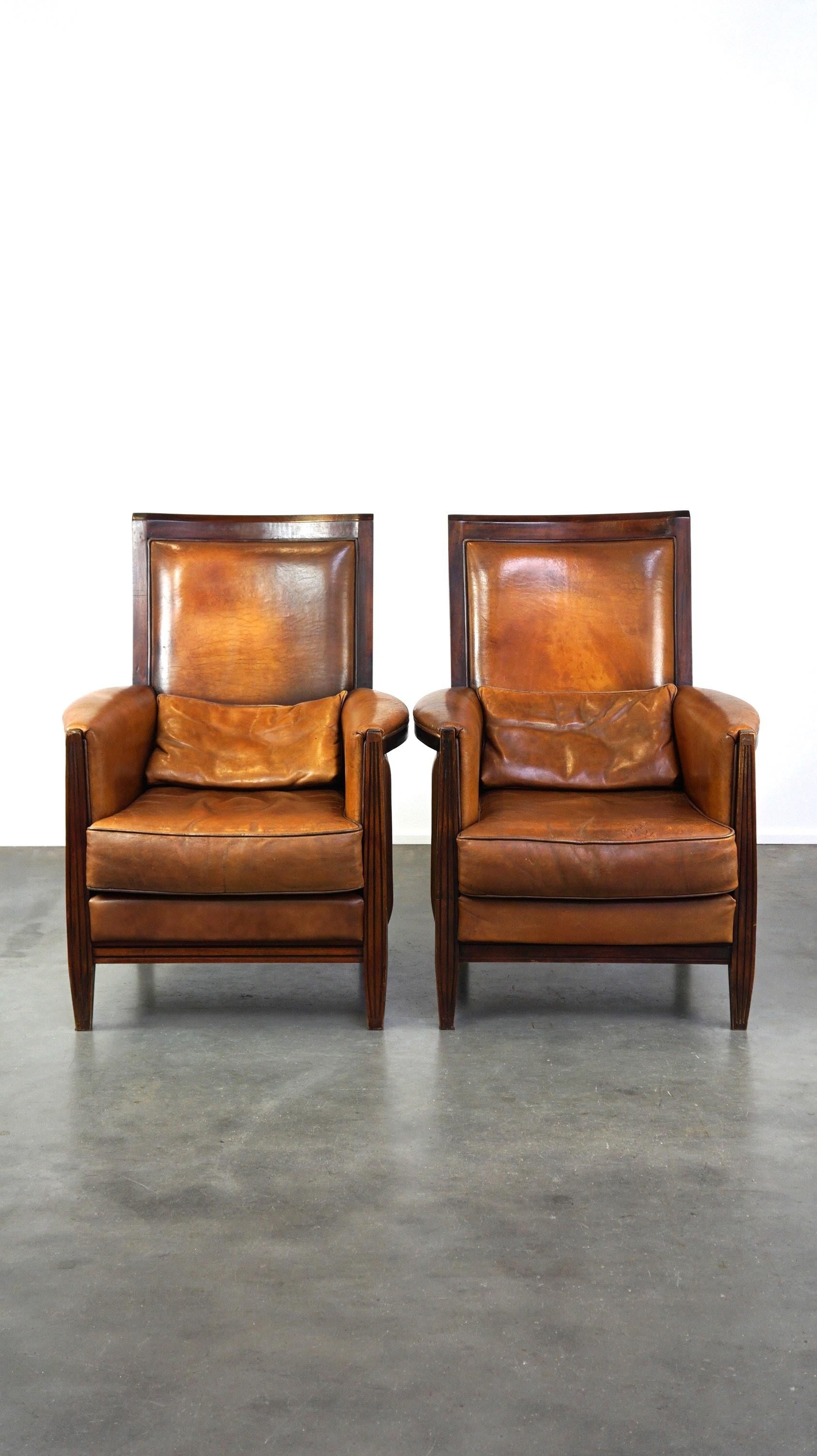 Set of vintage sheepskin Art Deco design armchairs with a high back For ...