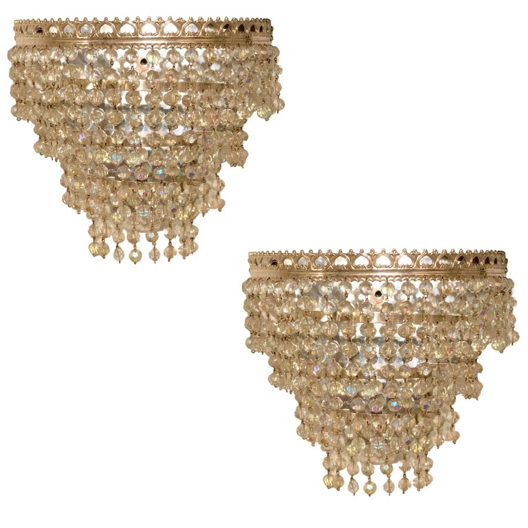 Set of Vintage Silver Plated Crystal Sconces For Sale at 1stDibs