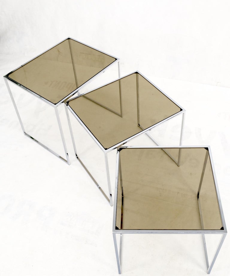 Set of Wide Rectangle Shape Chrome and Smoked Glass Nesting End Side ...