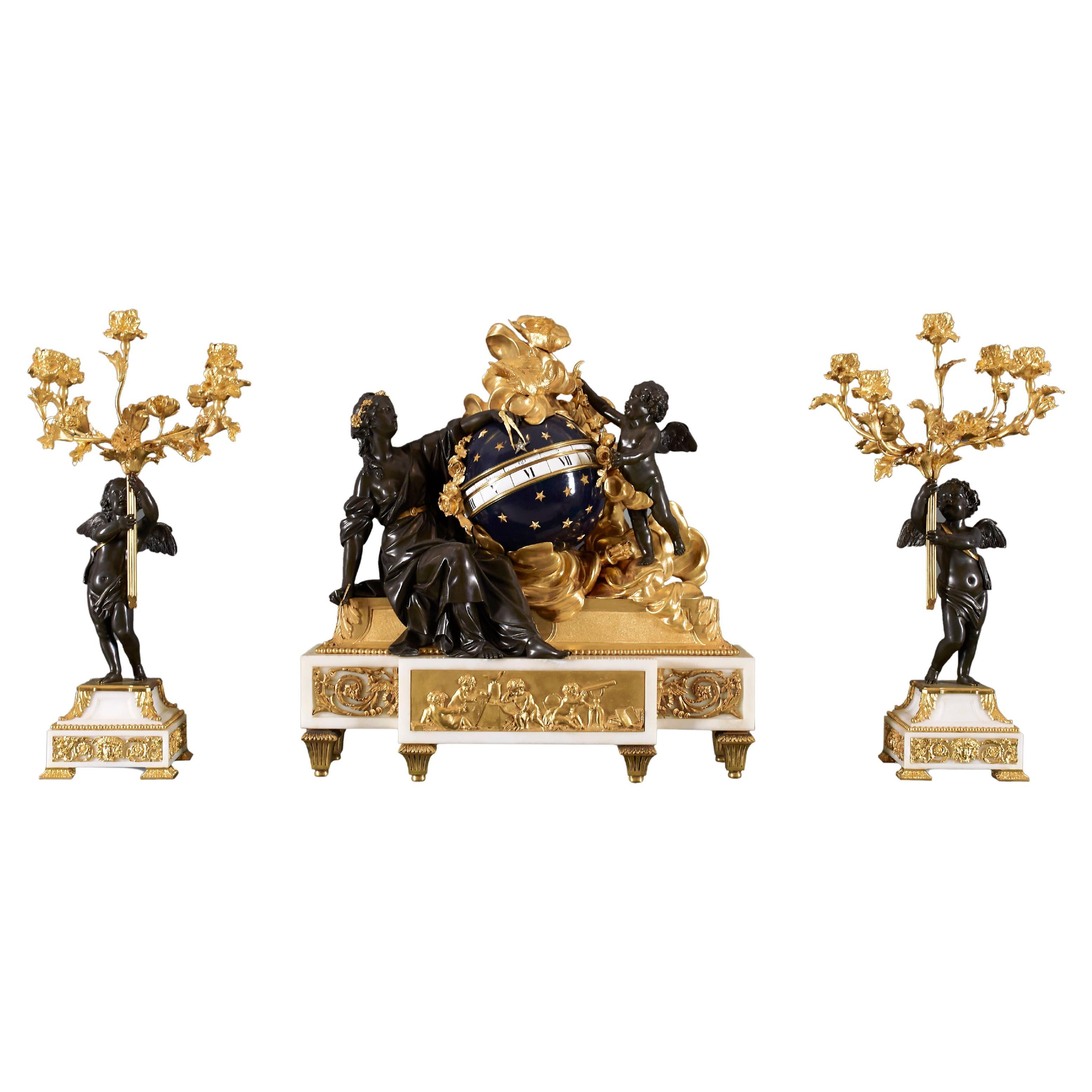 Exceptional French Three-Piece Rotary Mystery Clock Set Maiden ...
