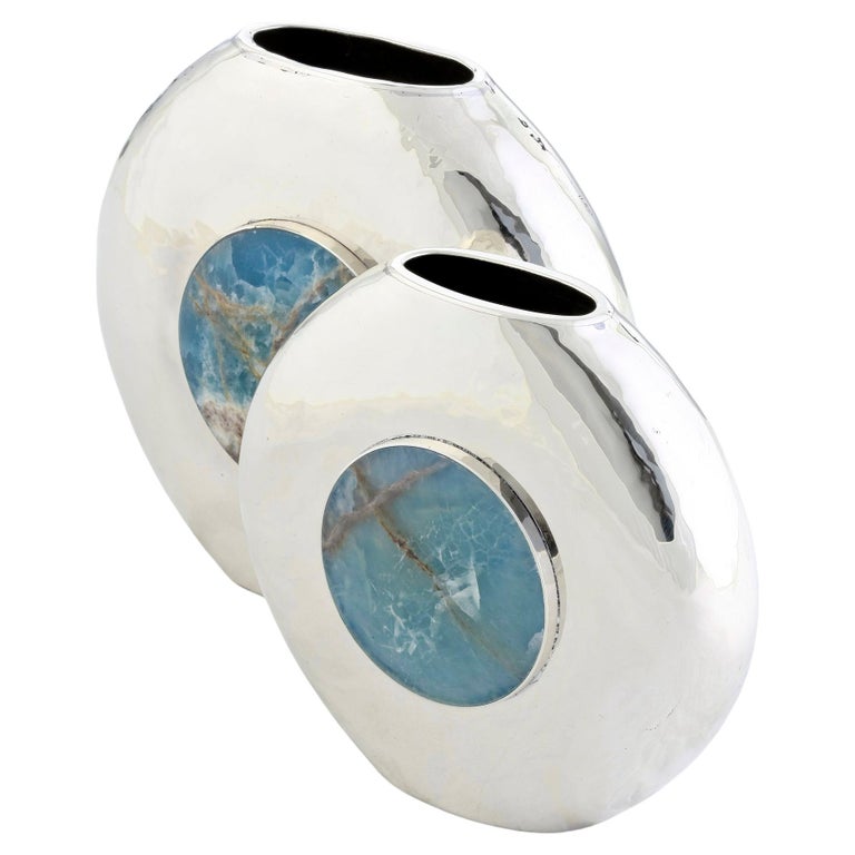 Set Salta Round Medium and Large Flower Vases, Alpaca Silver and Blue ...