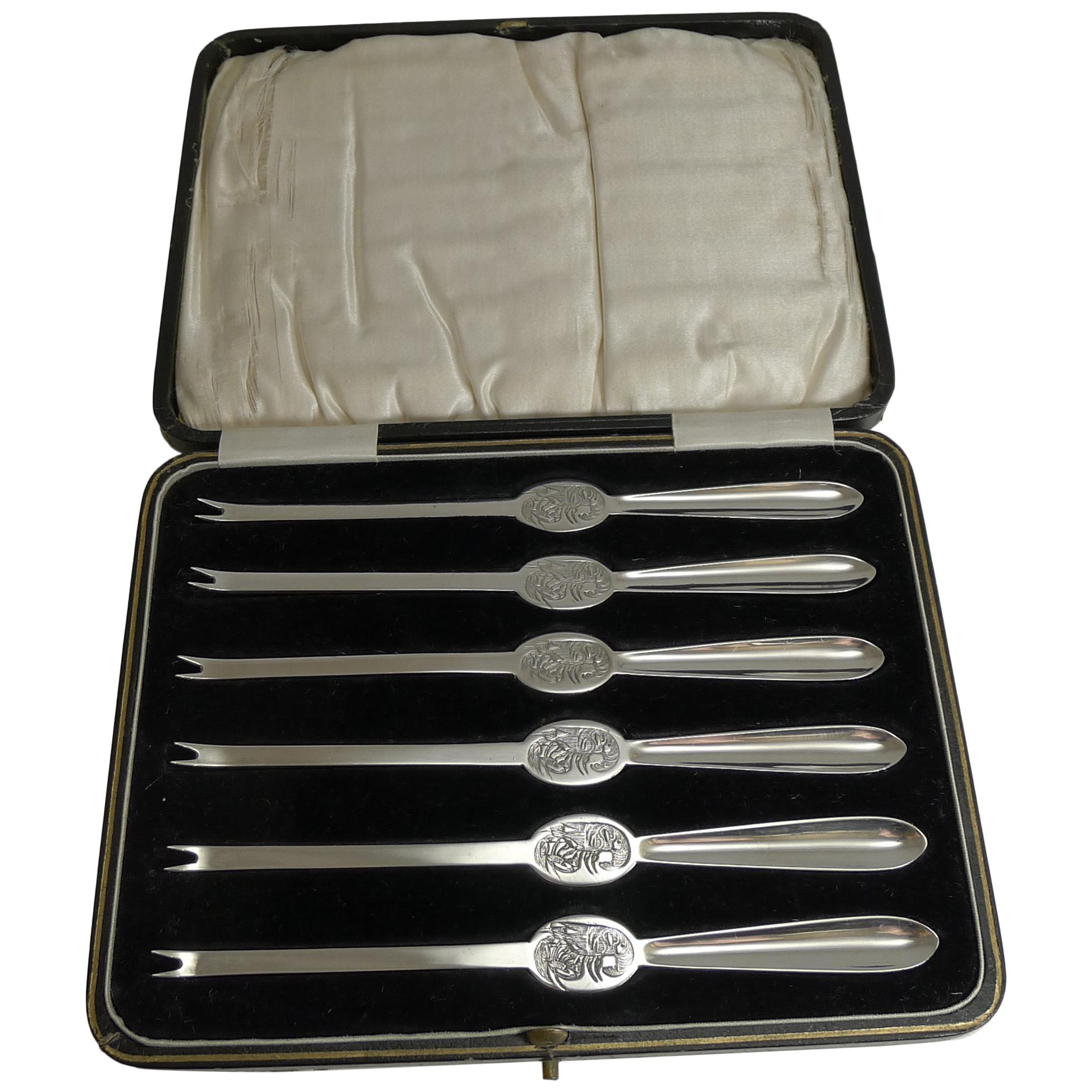 Set Six Cased English Sterling Silver Lobster Picks, 1928 at 1stDibs
