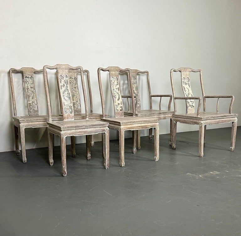Set Six Chinese Chippendale Whitewashed Dining Chairs, Carved Dragons ...