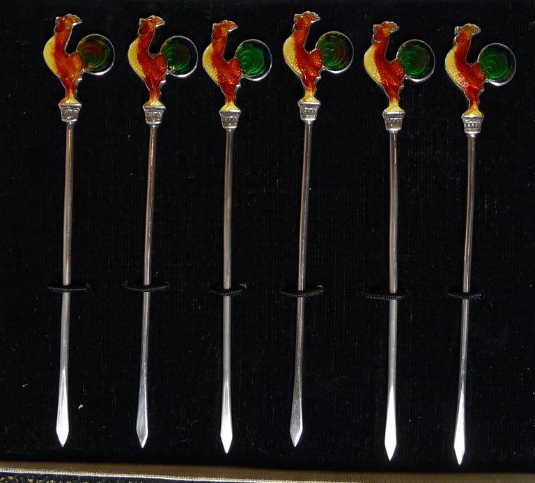 Set Six Solid Sterling Silver and Enamel Cocktail Sticks, c.1940 at 1stDibs