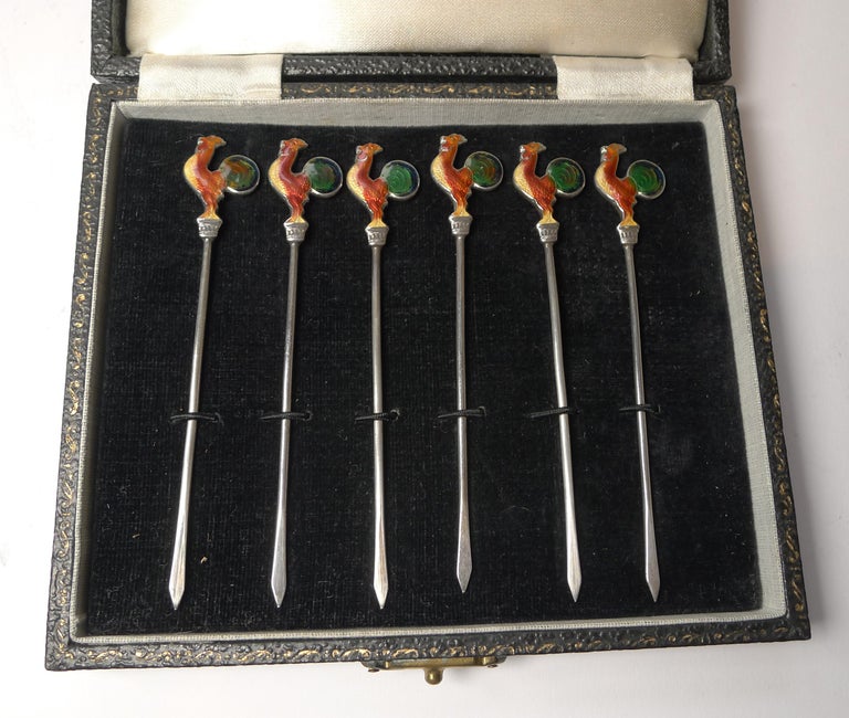 Set Six Solid Sterling Silver and Enamel Cocktail Sticks, c.1940 at 1stDibs