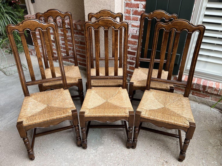 Set Six Vintage French Tall Dining Side Chairs Oak w Rush Seats Mid ...