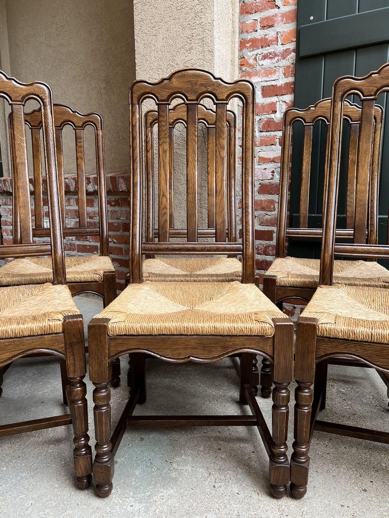 Set Six Vintage French Tall Dining Side Chairs Oak w Rush Seats Mid ...