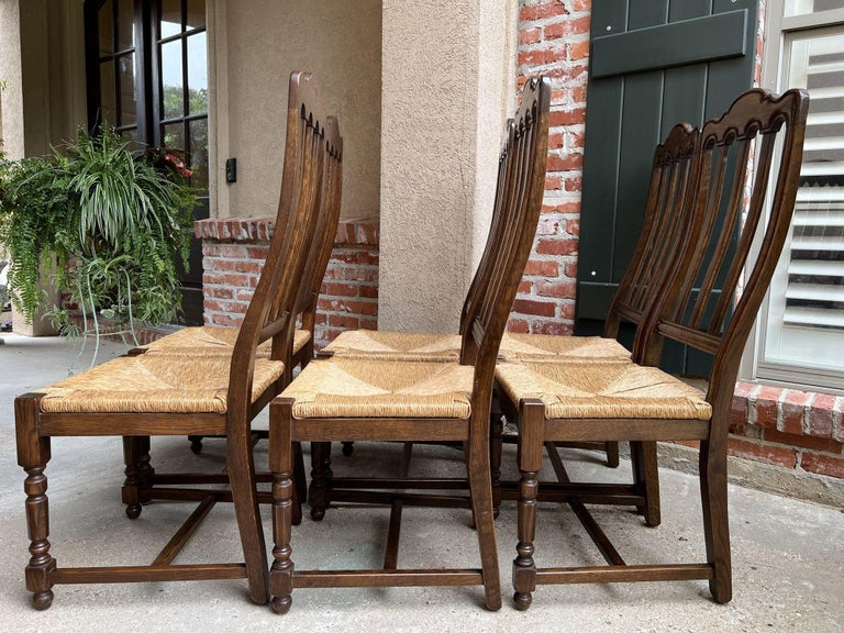 Set Six Vintage French Tall Dining Side Chairs Oak w Rush Seats Mid ...