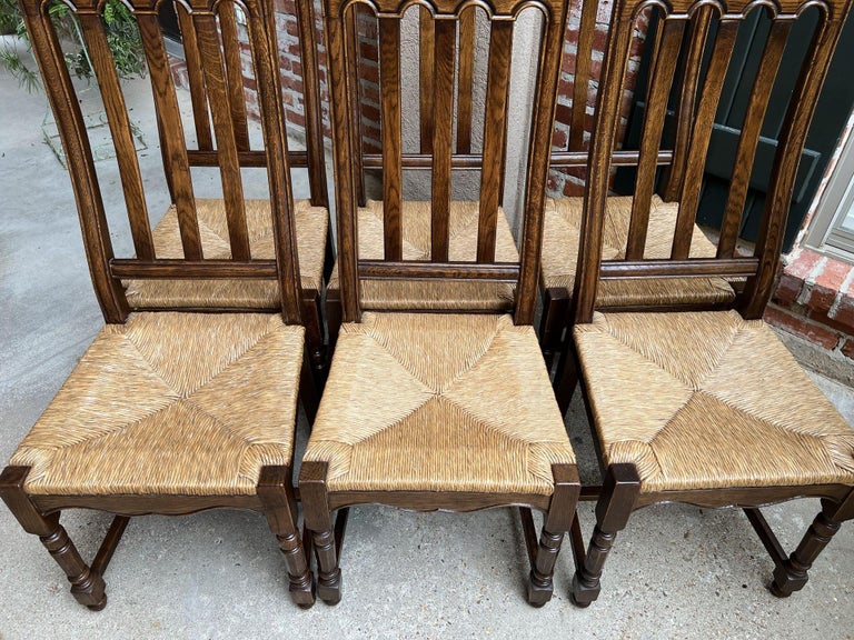 Set Six Vintage French Tall Dining Side Chairs Oak w Rush Seats Mid ...