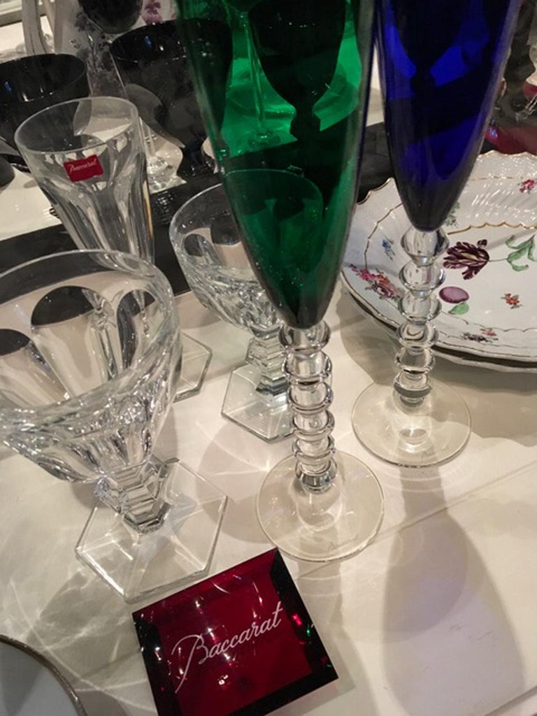 Set of Two Baccarat Green and Blue Crystal Goblets Glasses France, 21st ...