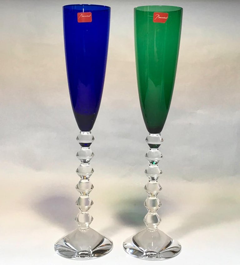 Set of Two Baccarat Green and Blue Crystal Goblets Glasses France, 21st ...