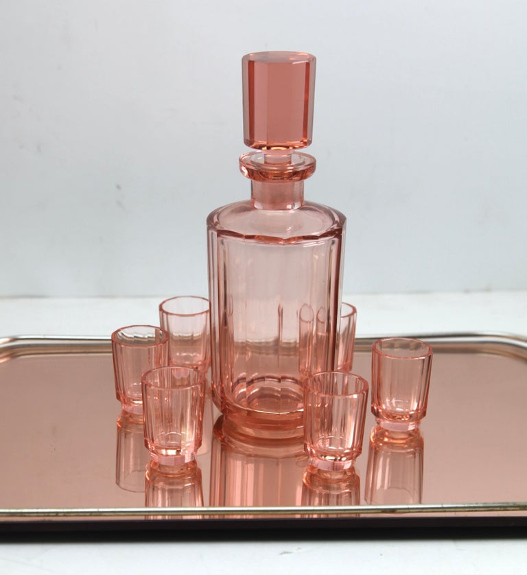 Set with Crystal Decanter and Shot Glasses and Serving Tray with Mirror ...