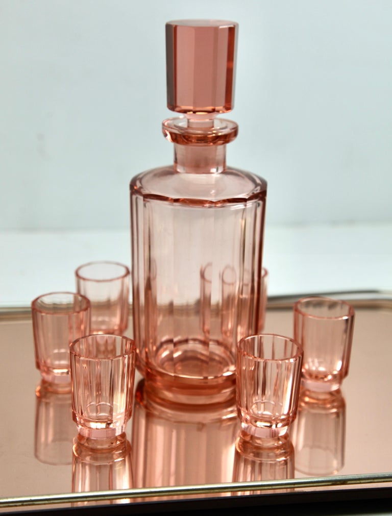 Set with Crystal Decanter and Shot Glasses and Serving Tray with Mirror ...