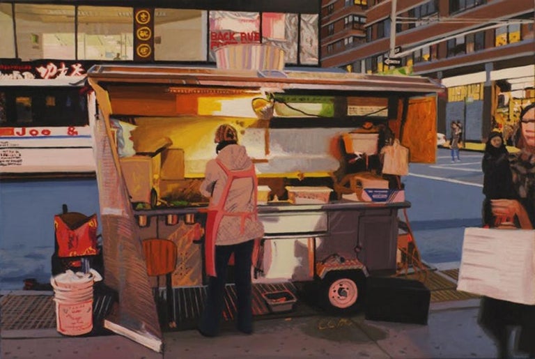 Seth Tane - Small realist painting with pink and blue, "Back Rub", Seth ...