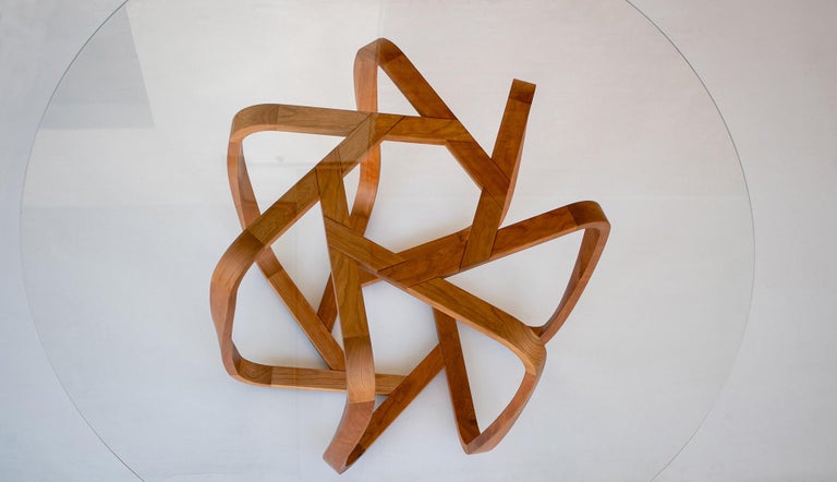 Contemporary Sette Circular Table with Solid Cherry Wood Base and Glass ...