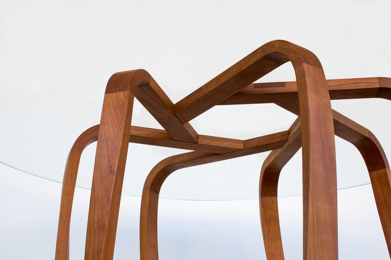 Contemporary Sette Circular Table with Solid Cherry Wood Base and Glass ...