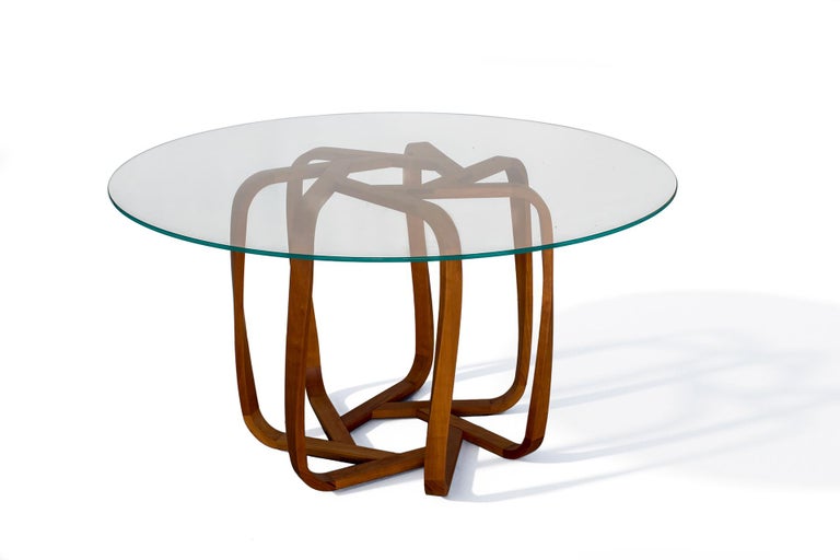 Contemporary Sette Circular Table with Solid Cherry Wood Base and Glass ...