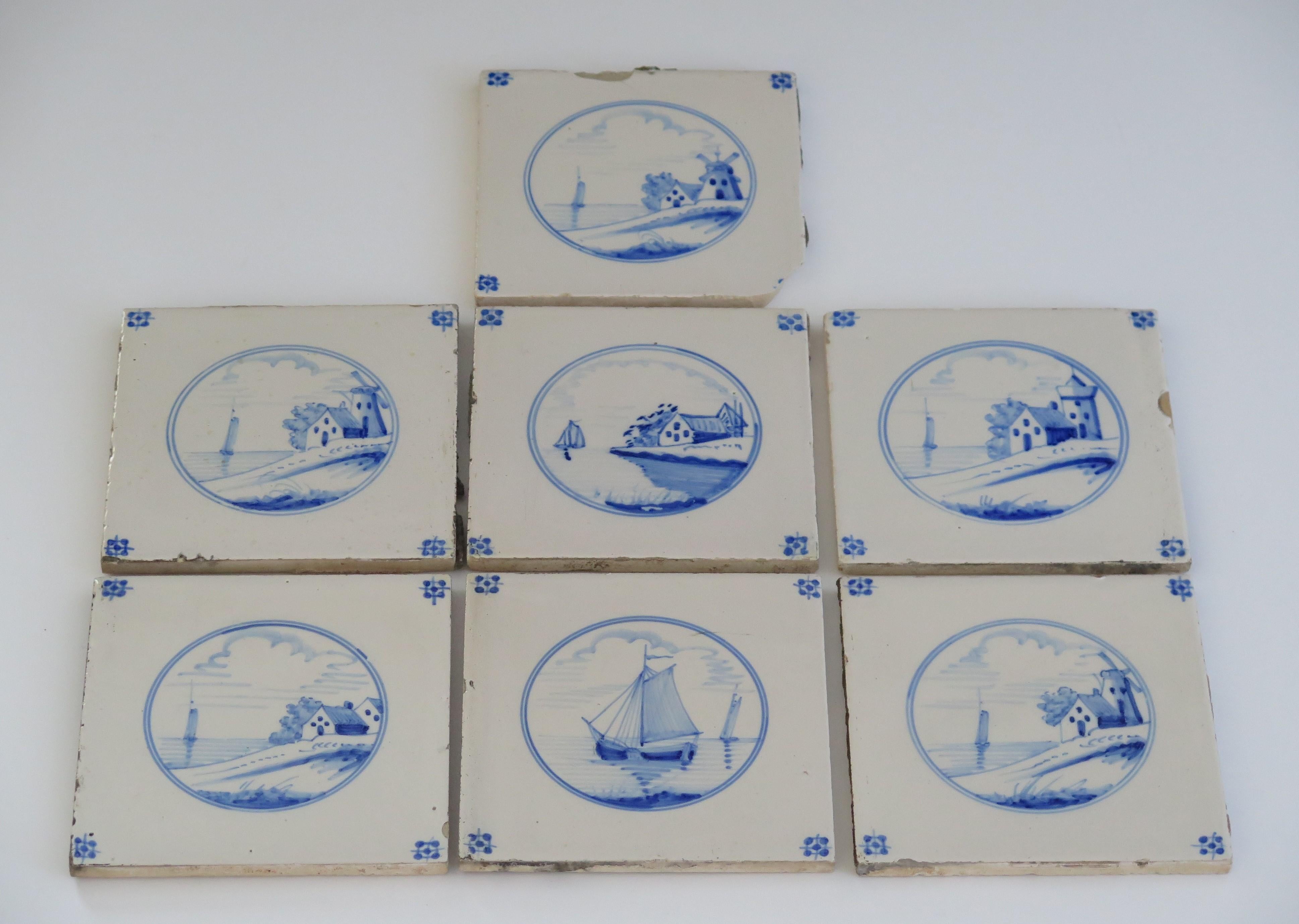 Seven Delft Blue and White Tiles All Hand Painted, Dutch 19th Century ...