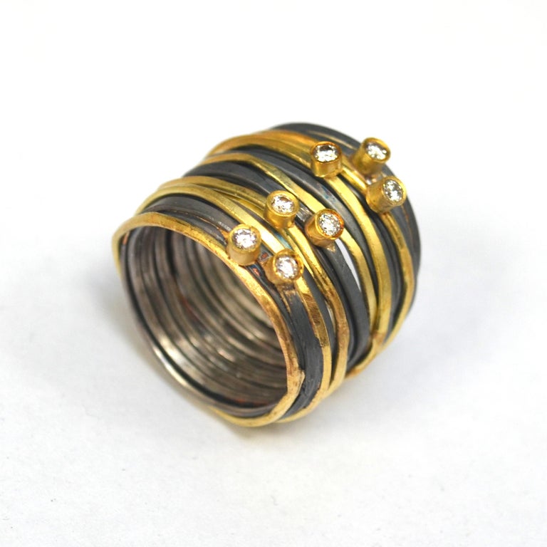 Seven Diamond 18 Karat Gold/Oxidised Silver 'Spaghetti Ring' by Disa ...