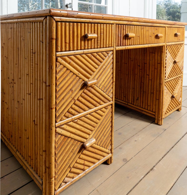 Seven-Drawer Bamboo Desk with Glass Top For Sale at 1stDibs