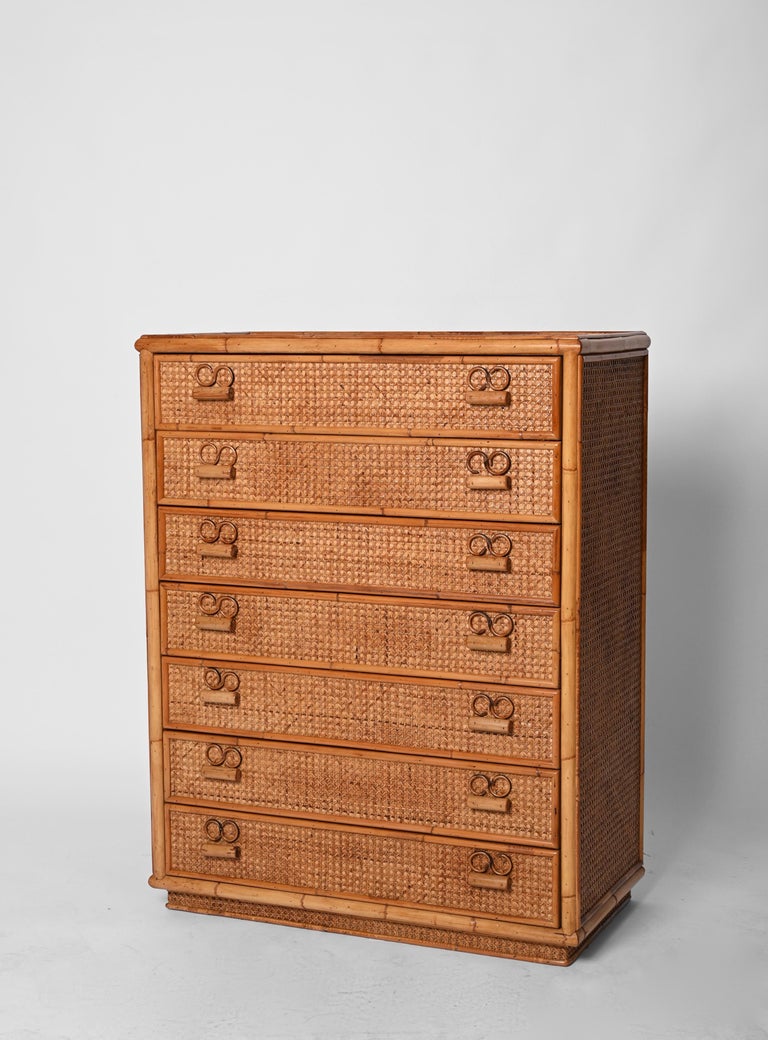 Seven-Drawers Midcentury Rattan and Bamboo Chest of Drawers, Italy ...