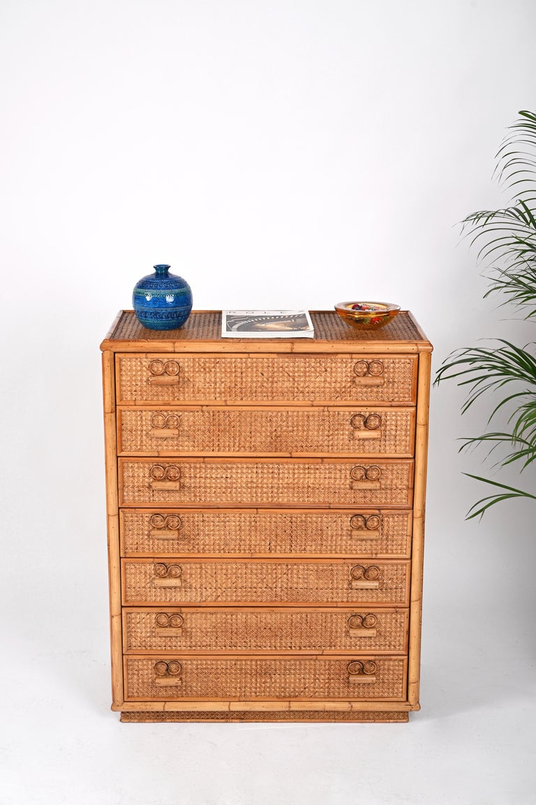 Seven-Drawers Midcentury Rattan and Bamboo Chest of Drawers, Italy ...