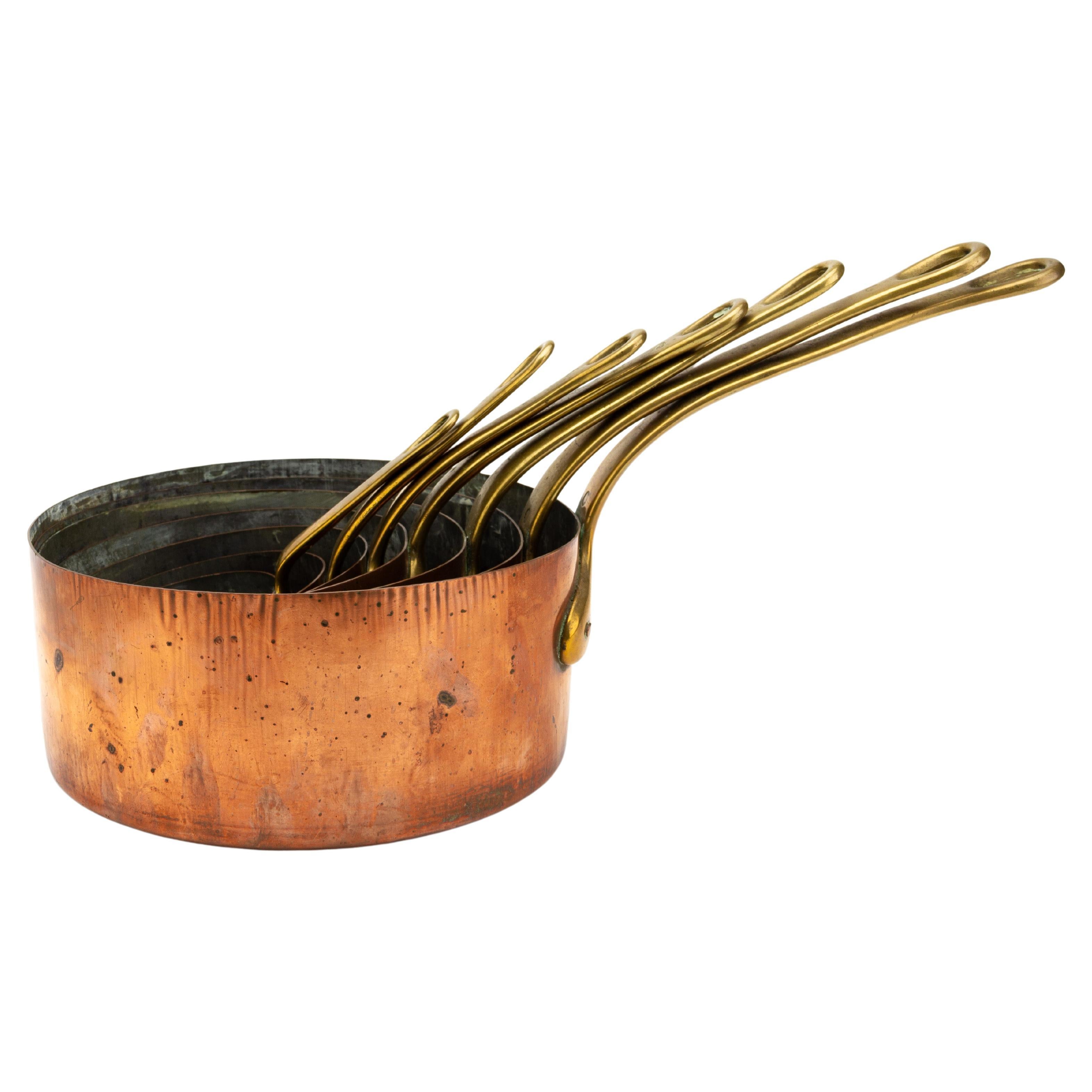 Seven Graduated Copper and Brass Victorian Pans 19th Century For Sale ...