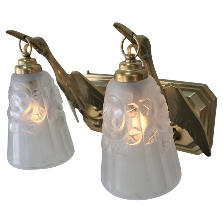Seven Pairs of Art Deco Bronze and Glass Flying Bird Wall Sconce by ...