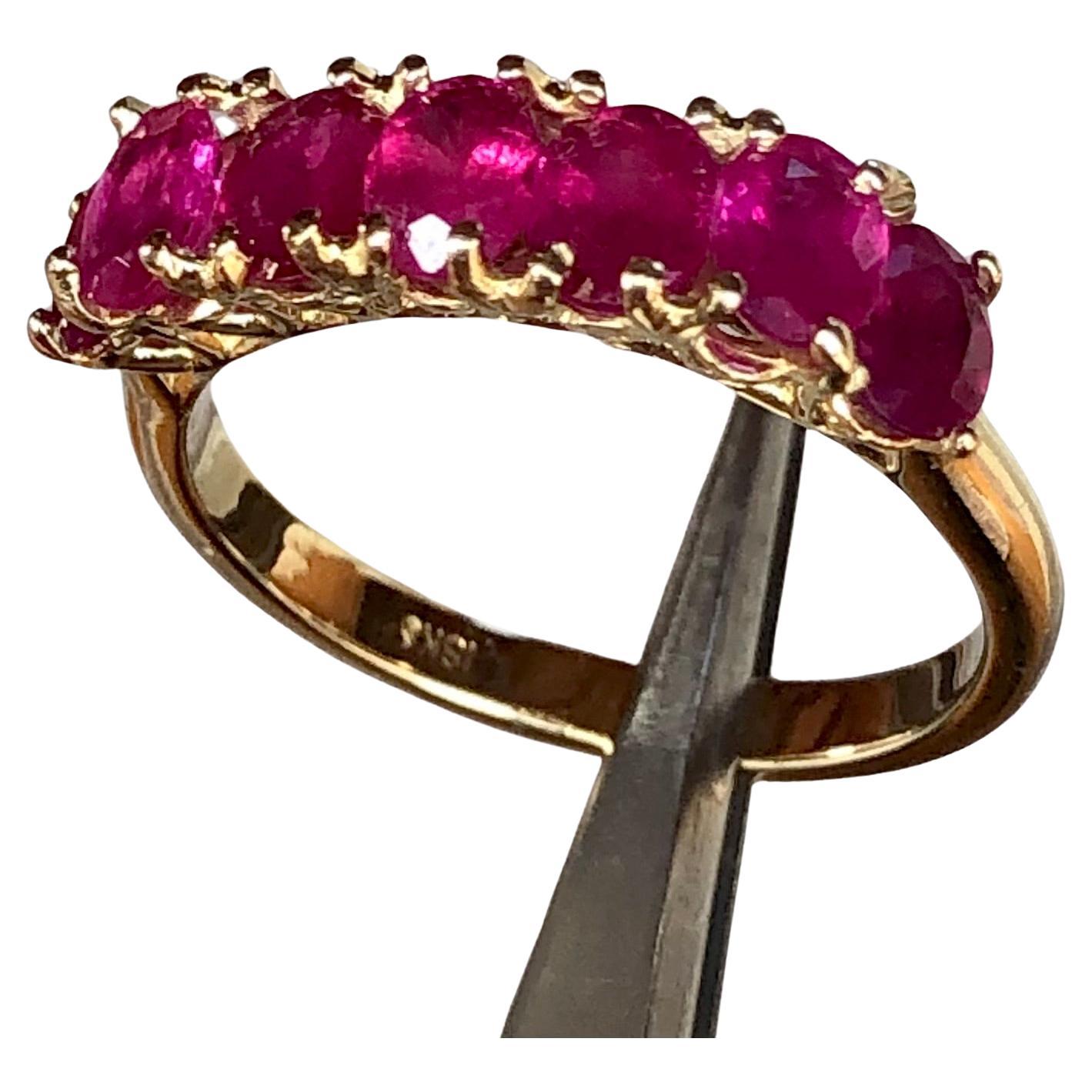 Seven-Stone Burmese Red Ruby Ring Yellow Gold 18K For Sale at 1stDibs