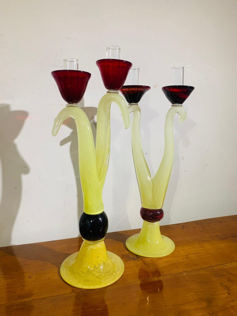 Seventies Couple of Murano Glass Candelabras For Sale at 1stDibs