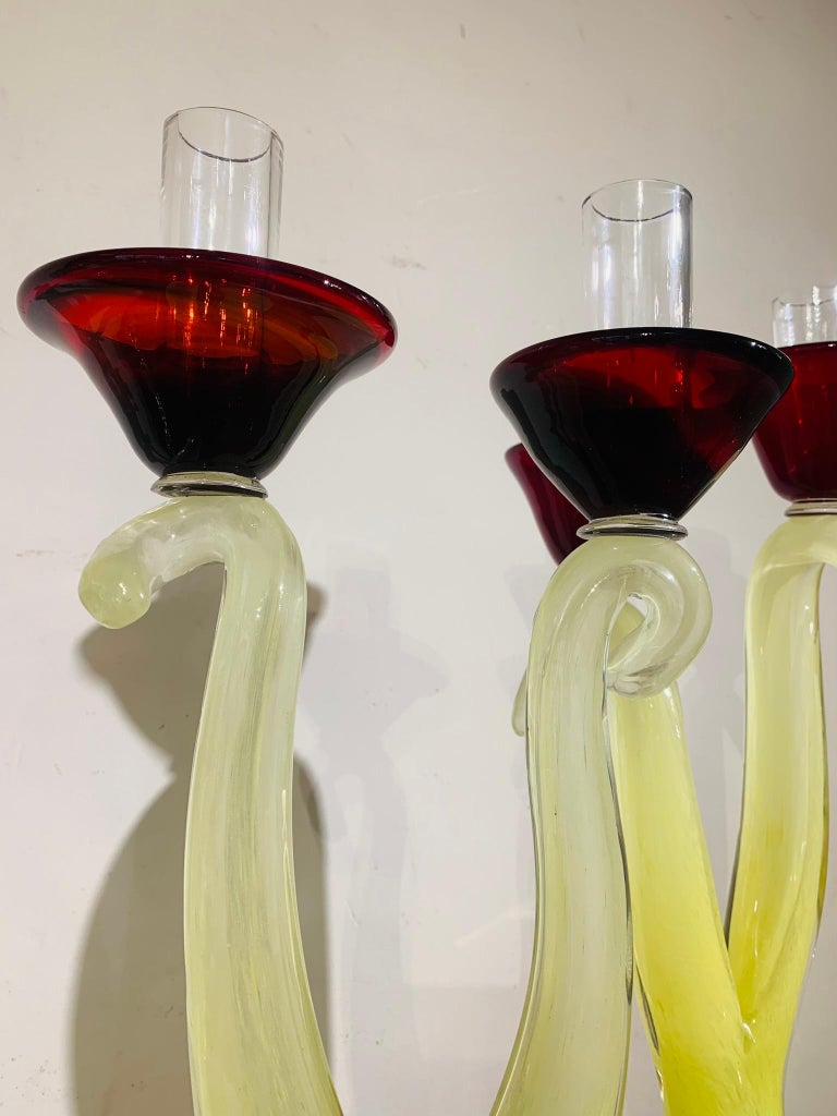 Seventies Couple of Murano Glass Candelabras For Sale at 1stDibs