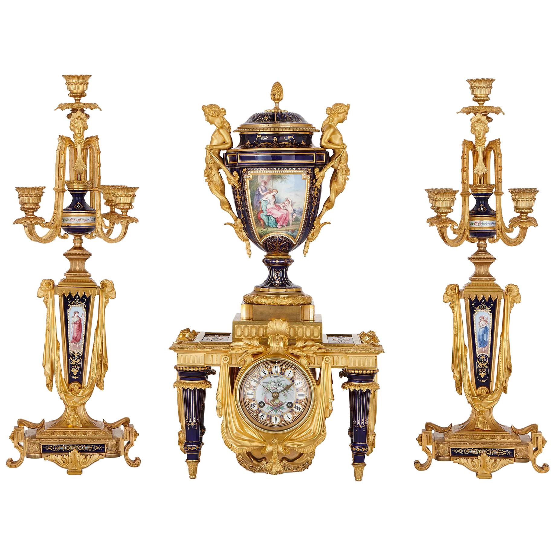Sèvres Style Gilt Bronze Mounted Porcelain Clock Set For Sale at 1stDibs