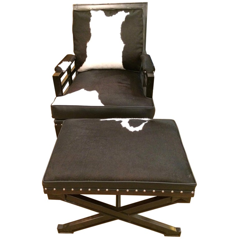 Sexy Black and White Leather Cowhide Club Chair and Ottoman at 1stDibs