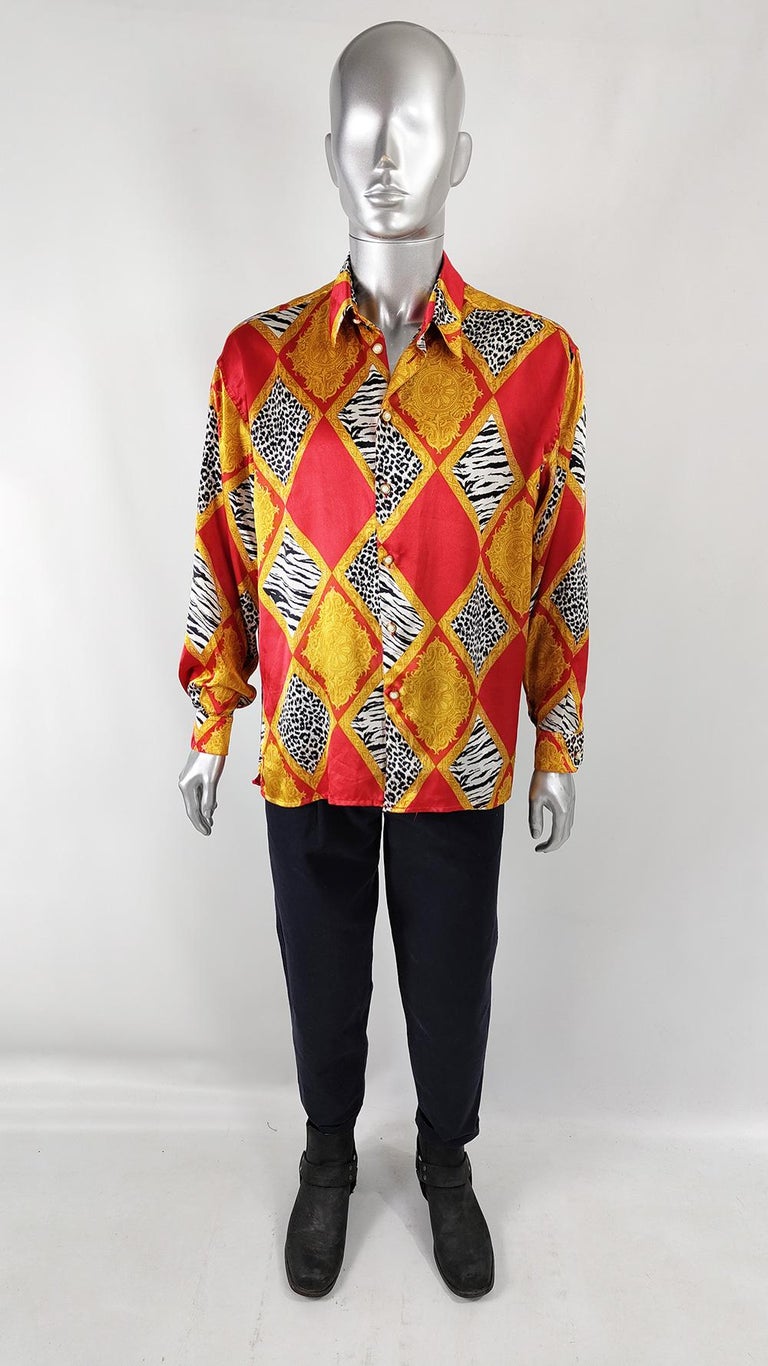 Sfarzo Milano Vintage 80s Mens Rock n Roll Animal Print Satin Shirt ...