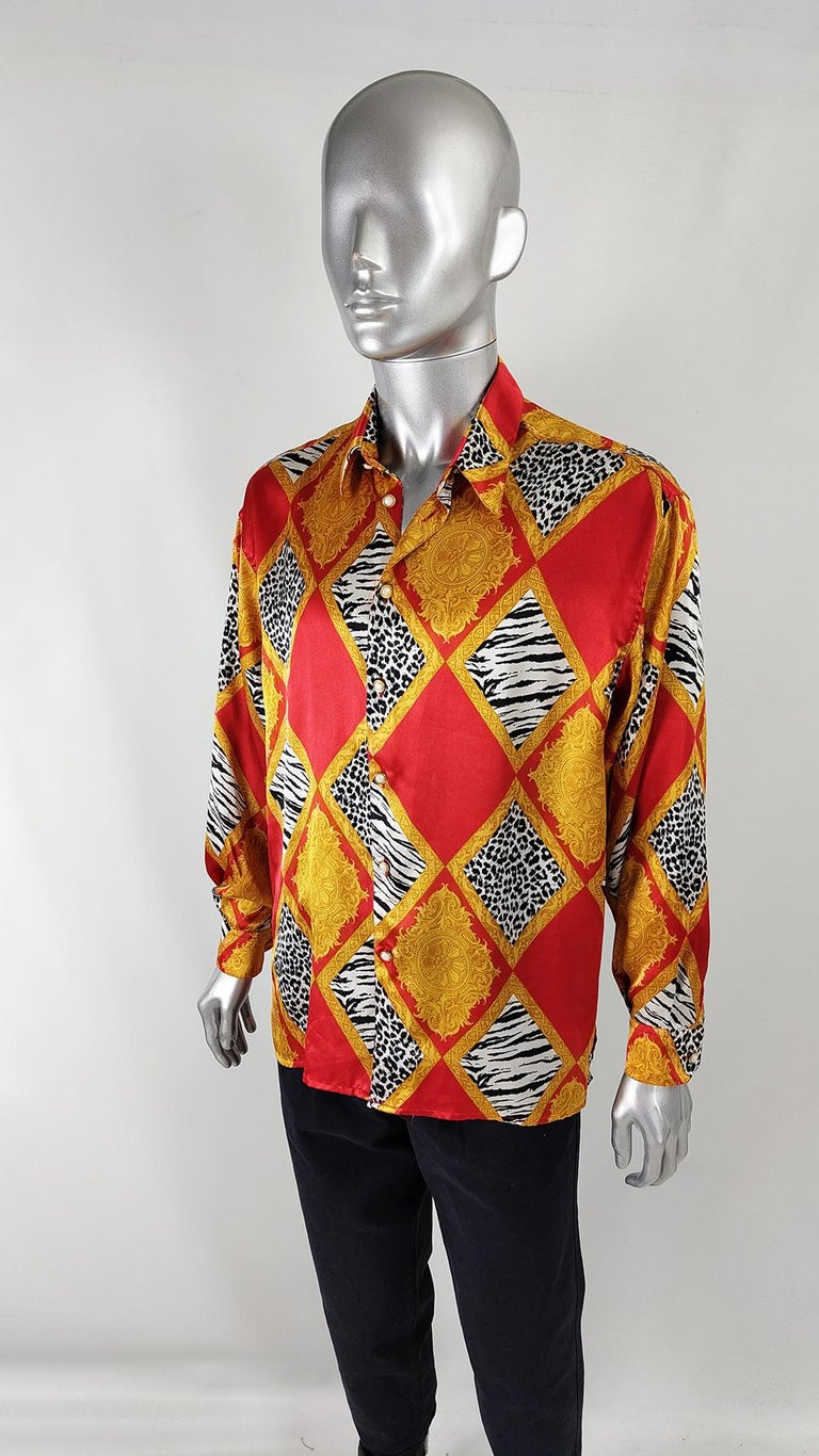 Sfarzo Milano Vintage 80s Mens Rock n Roll Animal Print Satin Shirt ...