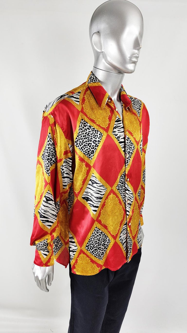 Sfarzo Milano Vintage 80s Mens Rock n Roll Animal Print Satin Shirt ...