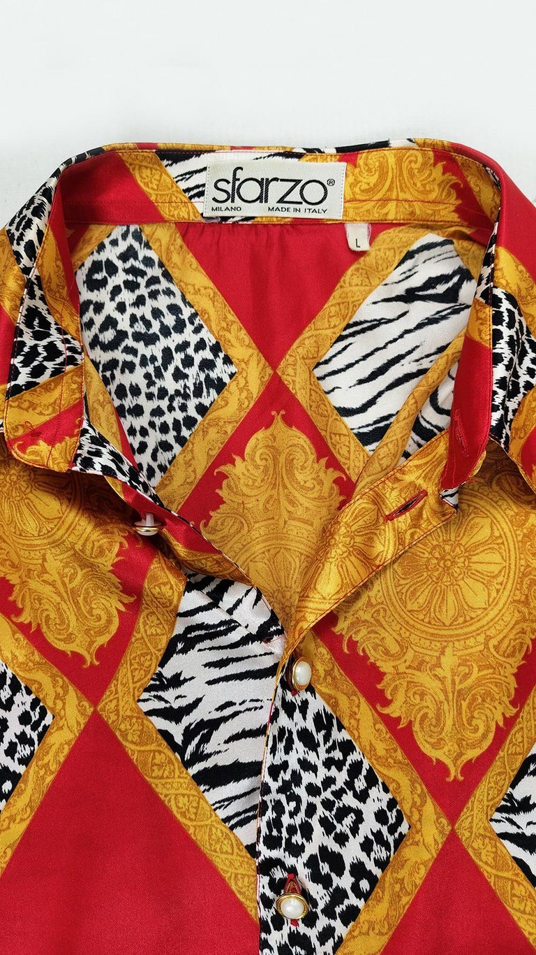 Sfarzo Milano Vintage 80s Mens Rock n Roll Animal Print Satin Shirt ...