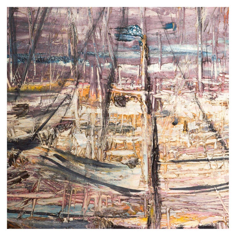 1970s Sgraffito Art Abstract Boats Oil Canvas Mid-Century Modern For ...