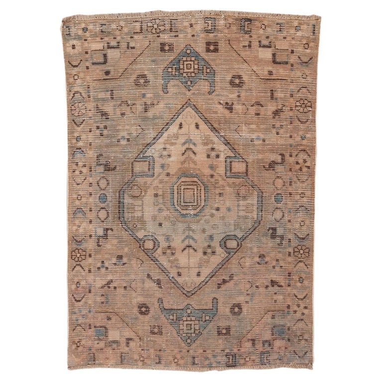 Shabby Chic Persian Hamadan Scatter Rug, Neutral Palette and Blue ...