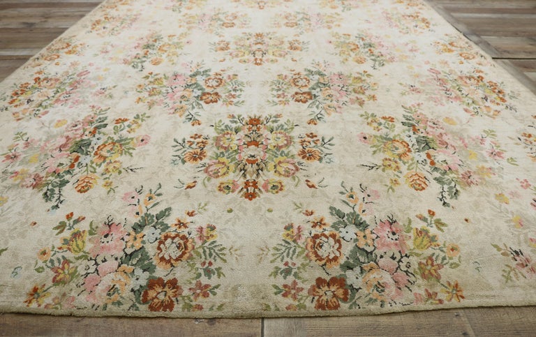 Shabby Chic Vintage European Rose Bouquet Barkcloth Era Rug with Chintz ...