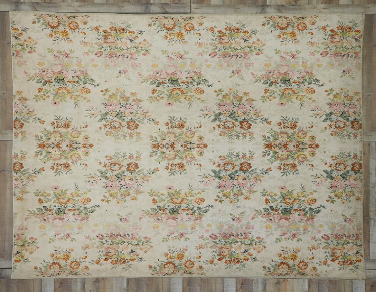 Shabby Chic Vintage European Rose Bouquet Barkcloth Era Rug with Chintz ...