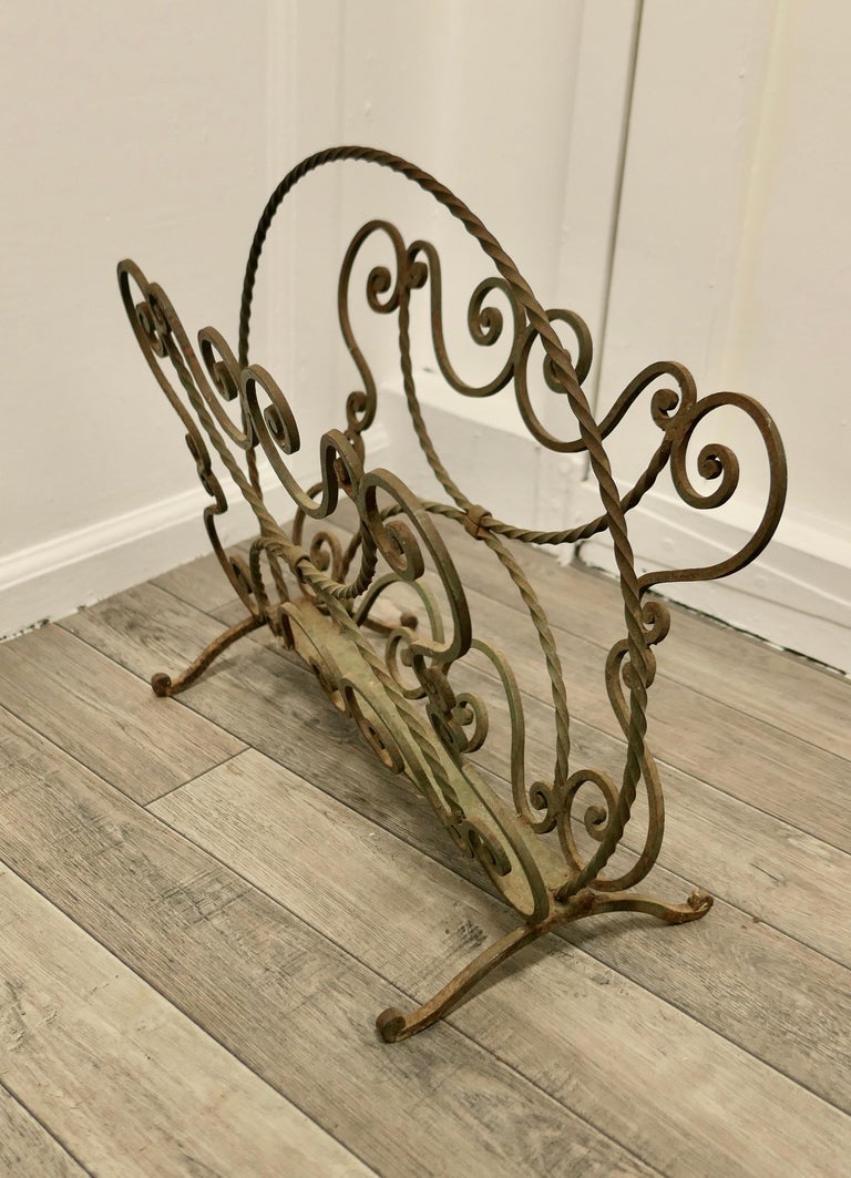 Shabby Green Wrought Iron Magazine Rack For Sale at 1stDibs