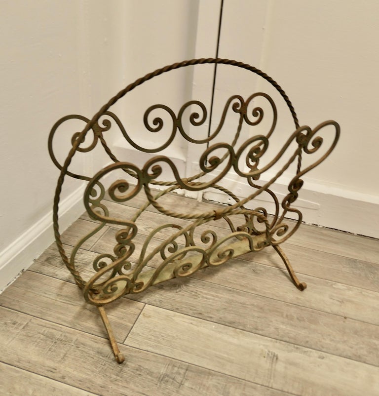 Shabby Green Wrought Iron Magazine Rack For Sale at 1stDibs