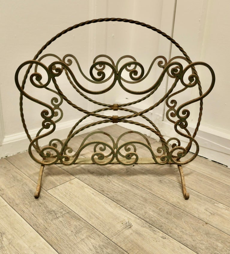 Shabby Green Wrought Iron Magazine Rack For Sale at 1stDibs