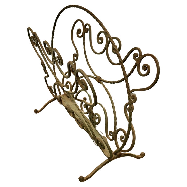 Shabby Green Wrought Iron Magazine Rack For Sale at 1stDibs