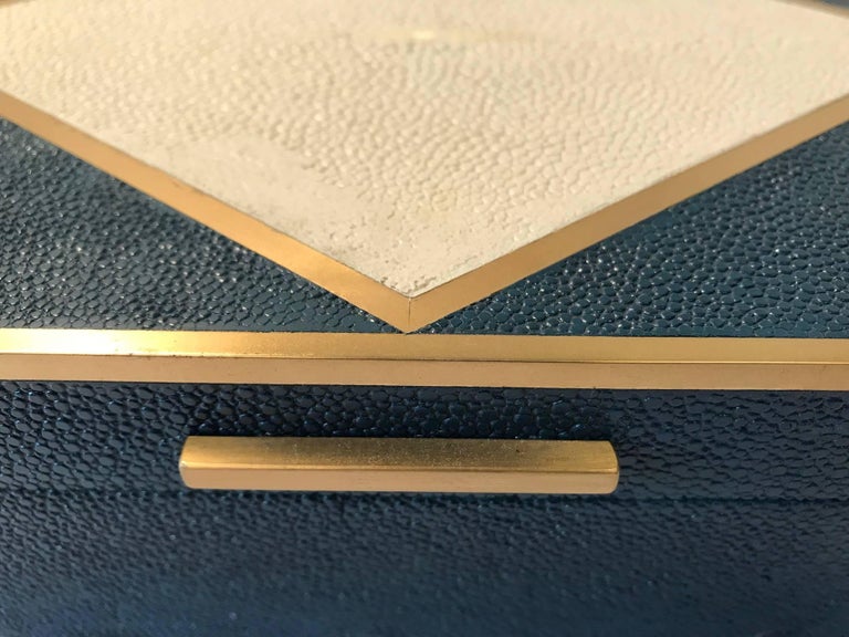 Navy Blue and natural Shagreen Box with Brass Inlay For Sale at 1stDibs