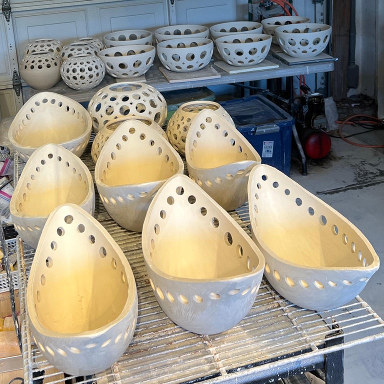 Shallow Pink Pierced Ceramic Tabletop Bowl, in Stock For Sale at 1stDibs