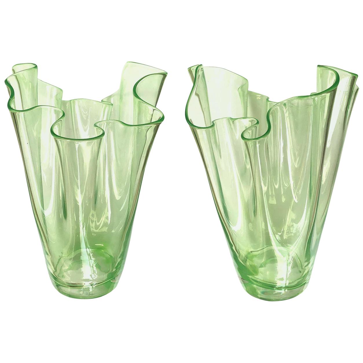 Shapely Pair of Murano Art Deco Chartreuse Glass Handkerchief Vases at ...