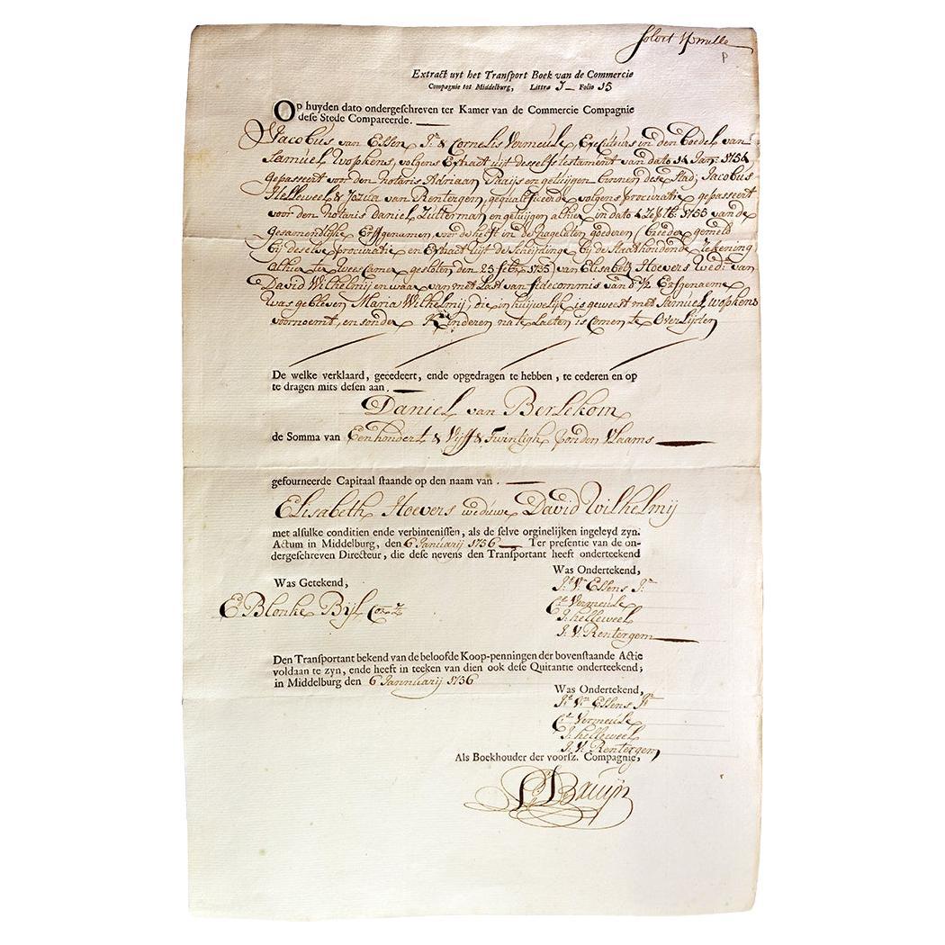 Share of 125 Flemish pounds January 6 1756 Middelburgsche Commercie ...