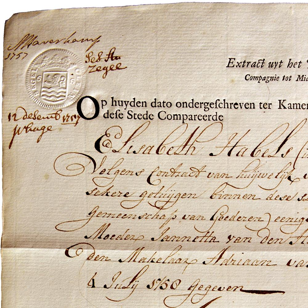 Share of 250 Flemish pounds August 1 1758 Middelburgsche Commercie ...